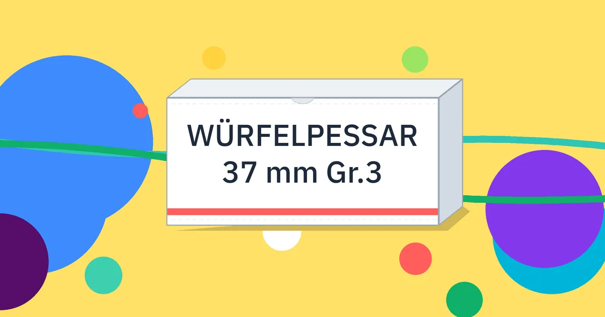Symbolbild: Packung mit der Aufschrift WÜRFELPESSAR 37 mm Gr.3 (PZN 07286258) – Verfügbarkeit und Bezug in Apotheken in Frankfurt am Main