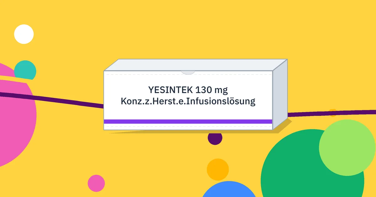 Symbolbild: Packung mit der Aufschrift YESINTEK 130 mg Konz.z.Herst.e.Infusionslösung (PZN 20043164) – Verfügbarkeit und Bezug in Apotheken in Frankfurt am Main