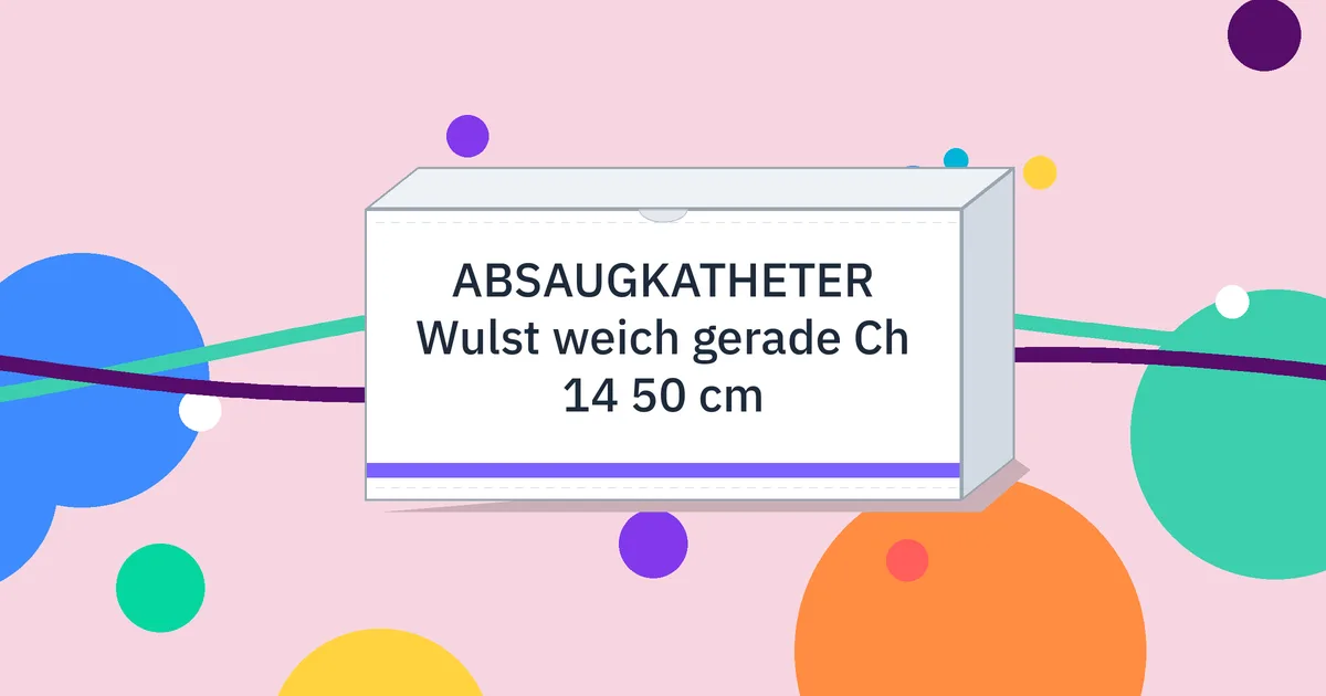 Symbolbild: Packung mit der Aufschrift ABSAUGKATHETER Wulst weich gerade Ch 14 50 cm (PZN 20391712) – Verfügbarkeit und Bezug in Apotheken in Frankfurt am Main