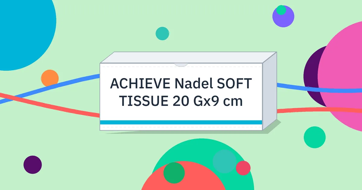 Symbolbild: Packung mit der Aufschrift ACHIEVE Nadel SOFT TISSUE 20 Gx9 cm (PZN 18763603) – Verfügbarkeit und Bezug in Apotheken in Frankfurt am Main