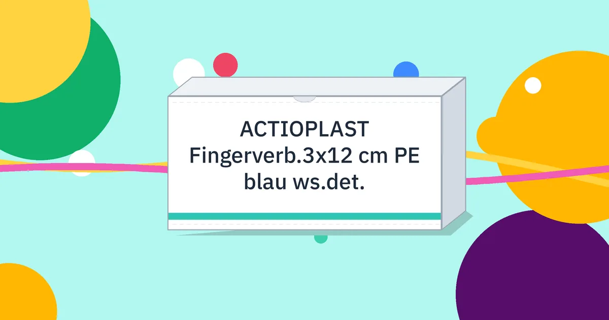 Symbolbild: Packung mit der Aufschrift ACTIOPLAST Fingerverb.3x12 cm PE blau ws.det. (PZN 06589092) – Verfügbarkeit und Bezug in Apotheken in Frankfurt am Main