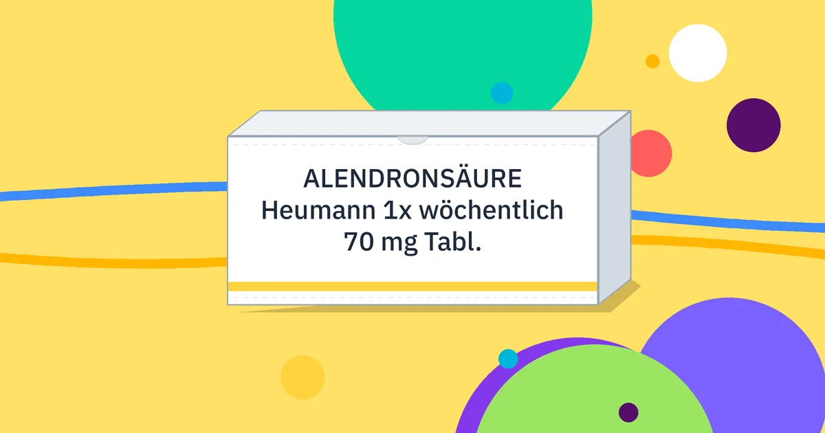 Symbolbild: Packung mit der Aufschrift ALENDRONSÄURE Heumann 1x wöchentlich 70 mg Tabl. (PZN 16906317) – Verfügbarkeit und Bezug in Apotheken in Frankfurt am Main