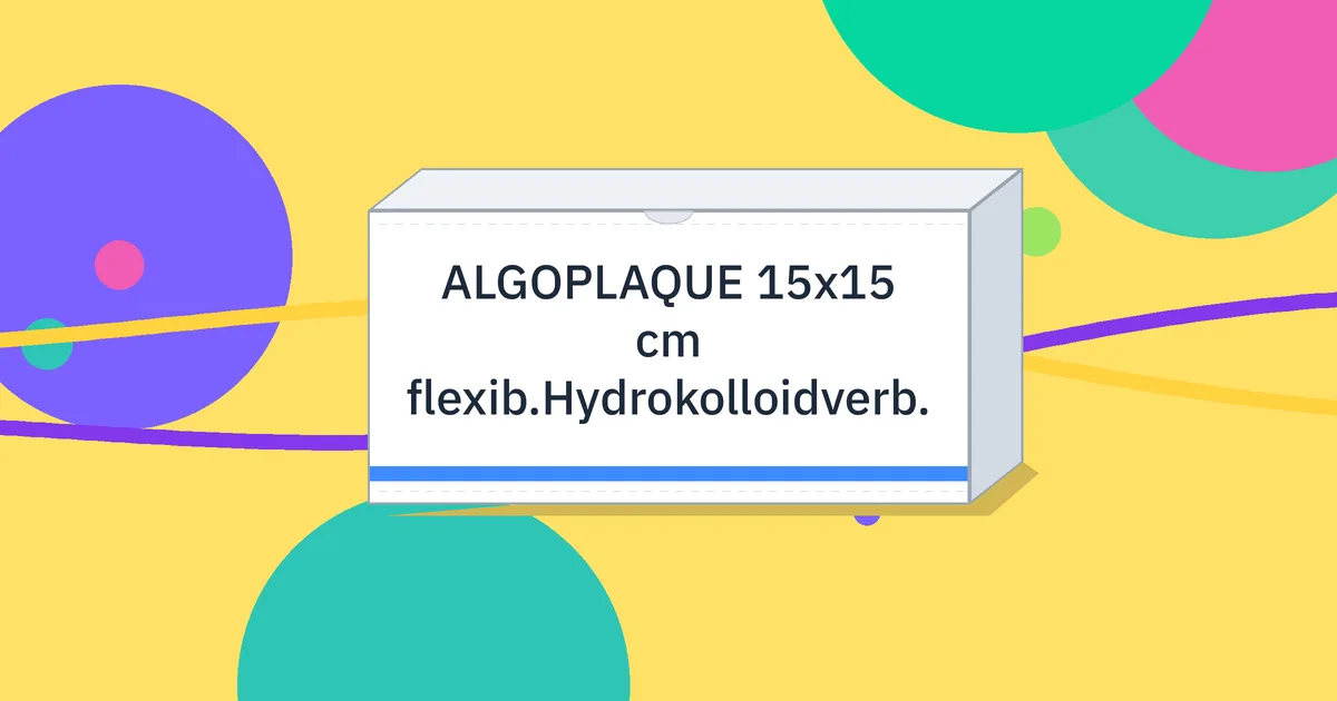 Symbolbild: Packung mit der Aufschrift ALGOPLAQUE 15x15 cm flexib.Hydrokolloidverb. (PZN 04170420) – Verfügbarkeit und Bezug in Apotheken in Frankfurt am Main