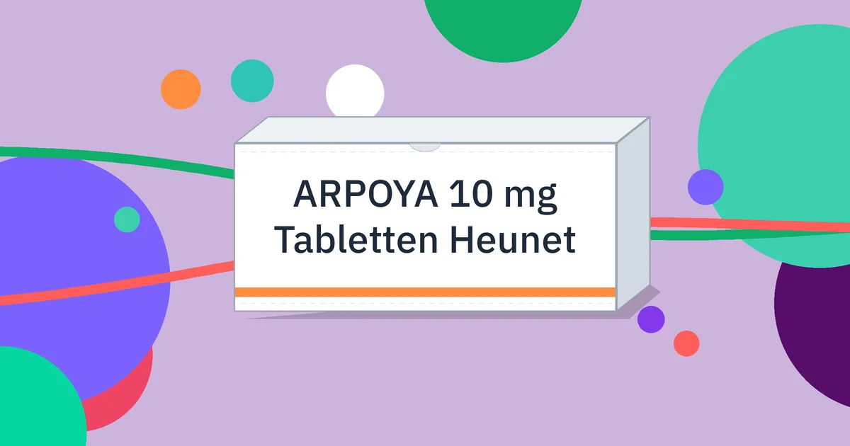 Symbolbild: Packung mit der Aufschrift ARPOYA 10 mg Tabletten Heunet (PZN 13876892) – Verfügbarkeit und Bezug in Apotheken in Frankfurt am Main