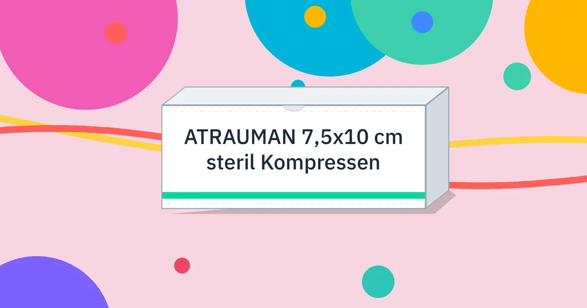 Symbolbild: Packung mit der Aufschrift ATRAUMAN 7,5x10 cm steril Kompressen (PZN 18124783) – Verfügbarkeit und Bezug in Apotheken in Frankfurt am Main