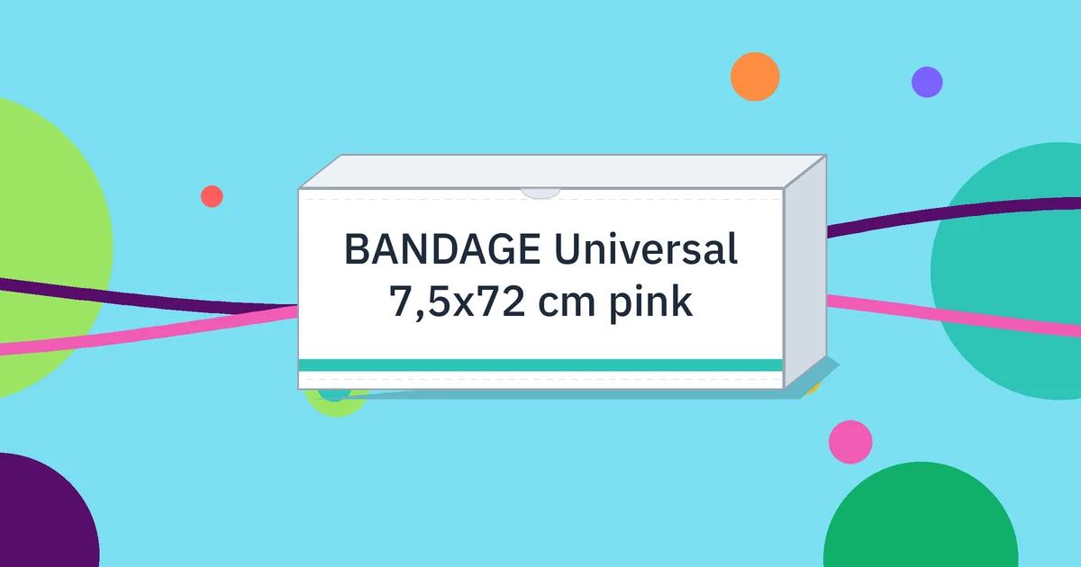 Symbolbild: Packung mit der Aufschrift BANDAGE Universal 7,5x72 cm pink (PZN 17876570) – Verfügbarkeit und Bezug in Apotheken in Frankfurt am Main