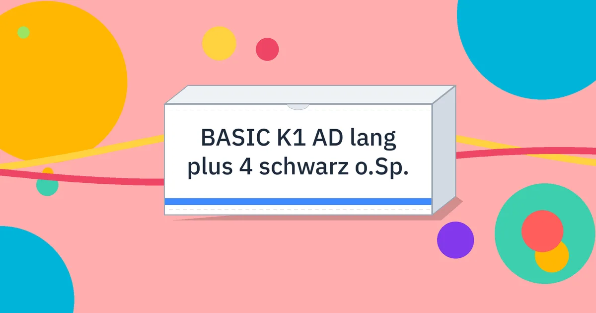 Symbolbild: Packung mit der Aufschrift BASIC K1 AD lang plus 4 schwarz o.Sp. (PZN 20258232) – Verfügbarkeit und Bezug in Apotheken in Frankfurt am Main