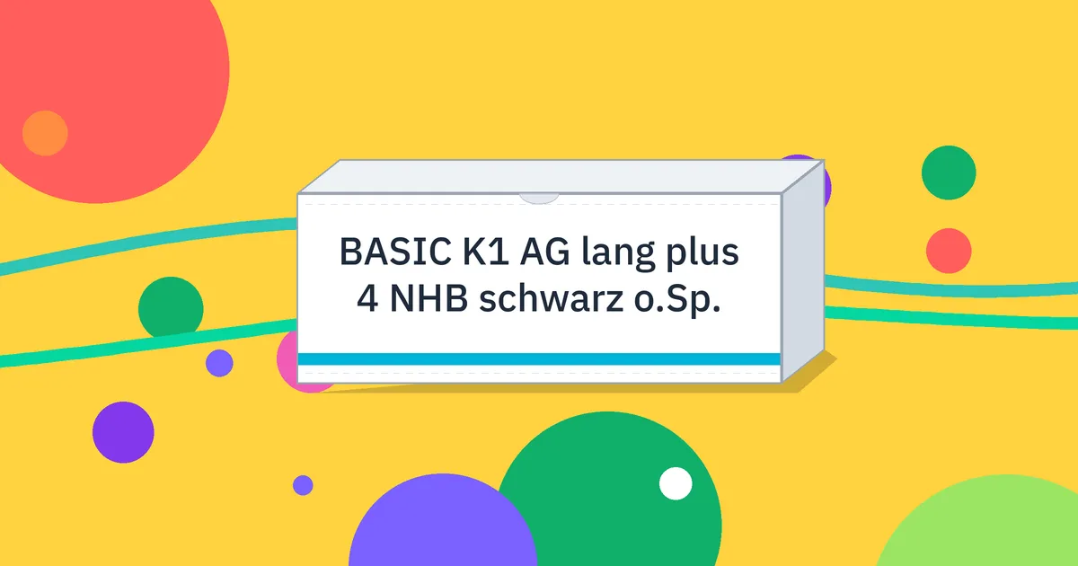 Symbolbild: Packung mit der Aufschrift BASIC K1 AG lang plus 4 NHB schwarz o.Sp. (PZN 20260826) – Verfügbarkeit und Bezug in Apotheken in Frankfurt am Main