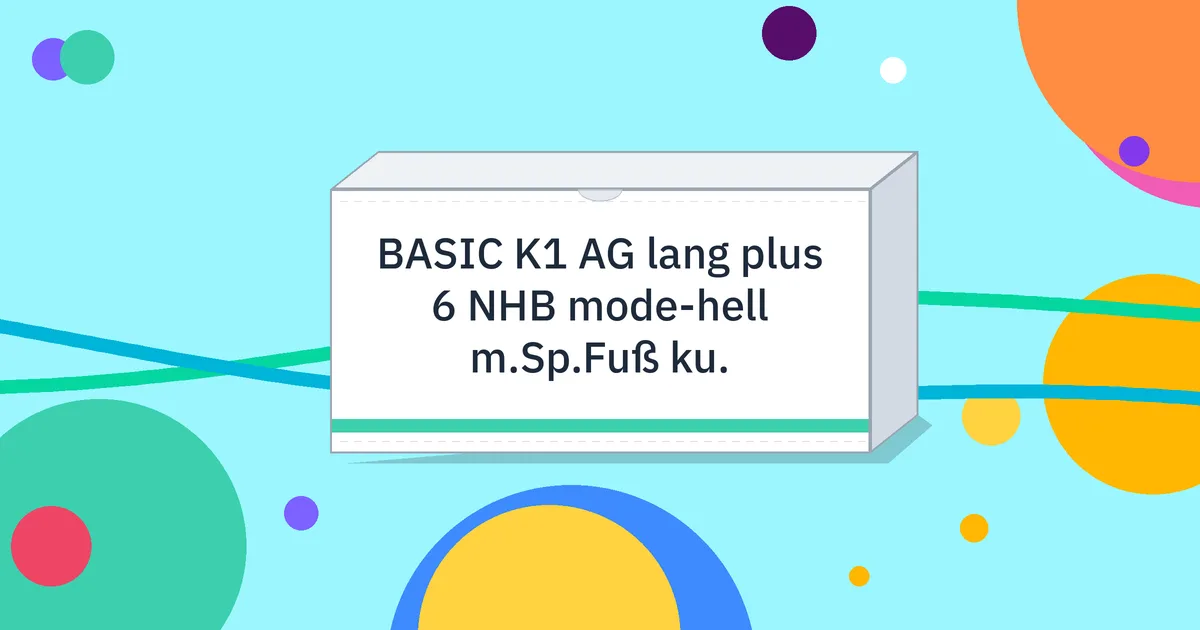 Symbolbild: Packung mit der Aufschrift BASIC K1 AG lang plus 6 NHB mode-hell m.Sp.Fuß ku. (PZN 20261866) – Verfügbarkeit und Bezug in Apotheken in Frankfurt am Main