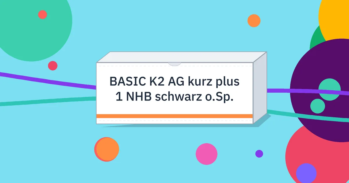 Symbolbild: Packung mit der Aufschrift BASIC K2 AG kurz plus 1 NHB schwarz o.Sp. (PZN 20266131) – Verfügbarkeit und Bezug in Apotheken in Frankfurt am Main