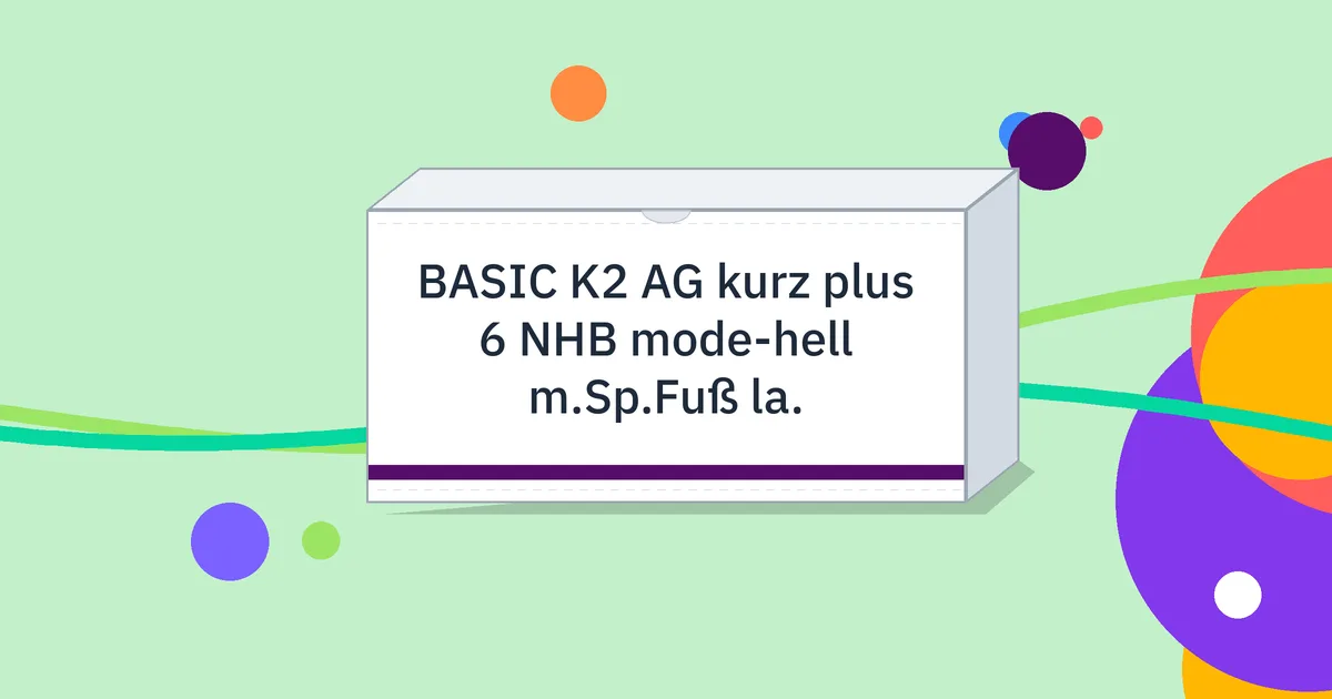 Symbolbild: Packung mit der Aufschrift BASIC K2 AG kurz plus 6 NHB mode-hell m.Sp.Fuß la. (PZN 20268526) – Verfügbarkeit und Bezug in Apotheken in Frankfurt am Main