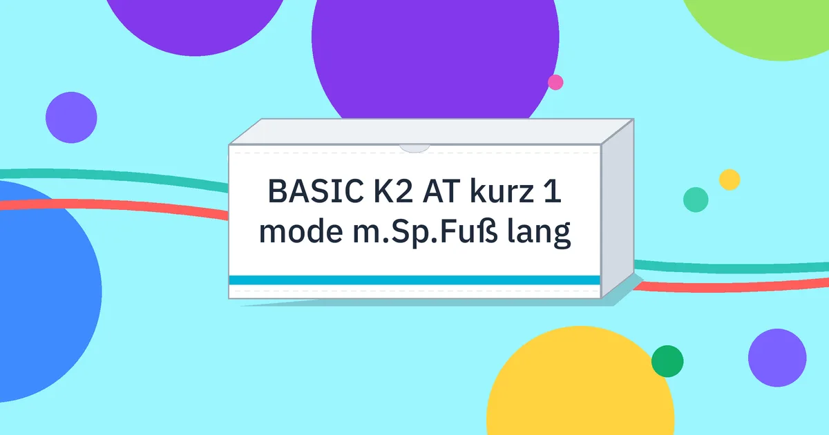 Symbolbild: Packung mit der Aufschrift BASIC K2 AT kurz 1 mode m.Sp.Fuß lang (PZN 20268868) – Verfügbarkeit und Bezug in Apotheken in Frankfurt am Main