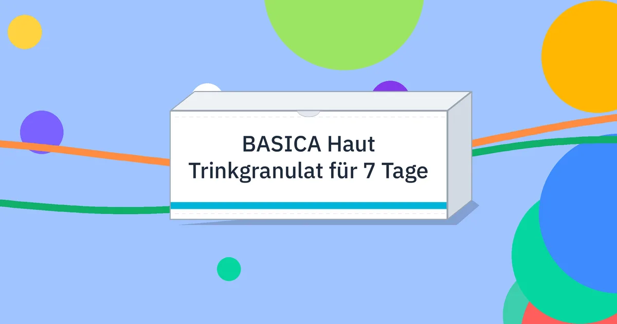 Symbolbild: Packung mit der Aufschrift BASICA Haut Trinkgranulat für 7 Tage (PZN 17586180) – Verfügbarkeit und Bezug in Apotheken in Frankfurt am Main