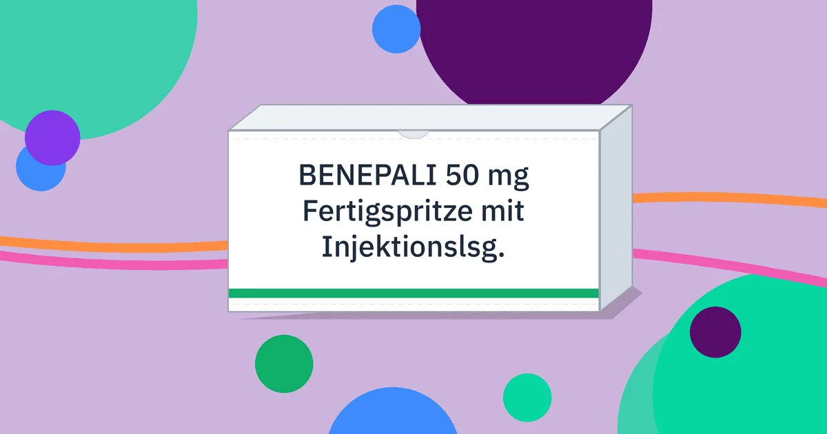 Symbolbild: Packung mit der Aufschrift BENEPALI 50 mg Fertigspritze mit Injektionslsg. (PZN 16875605) – Verfügbarkeit und Bezug in Apotheken in Frankfurt am Main