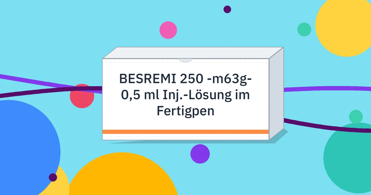 Symbolbild: Packung mit der Aufschrift BESREMI 250 -m63g-0,5 ml Inj.-Lösung im Fertigpen (PZN 15203654) – Verfügbarkeit und Bezug in Apotheken in Frankfurt am Main