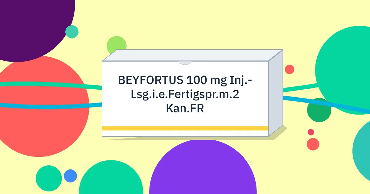 Symbolbild: Packung mit der Aufschrift BEYFORTUS 100 mg Inj.-Lsg.i.e.Fertigspr.m.2 Kan.FR (PZN 19468272) – Verfügbarkeit und Bezug in Apotheken in Frankfurt am Main
