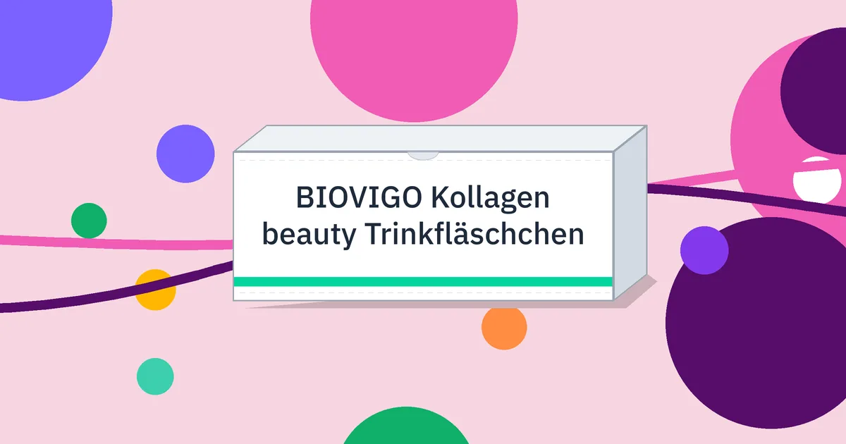 Symbolbild: Packung mit der Aufschrift BIOVIGO Kollagen beauty Trinkfläschchen (PZN 16382386) – Verfügbarkeit und Bezug in Apotheken in Frankfurt am Main
