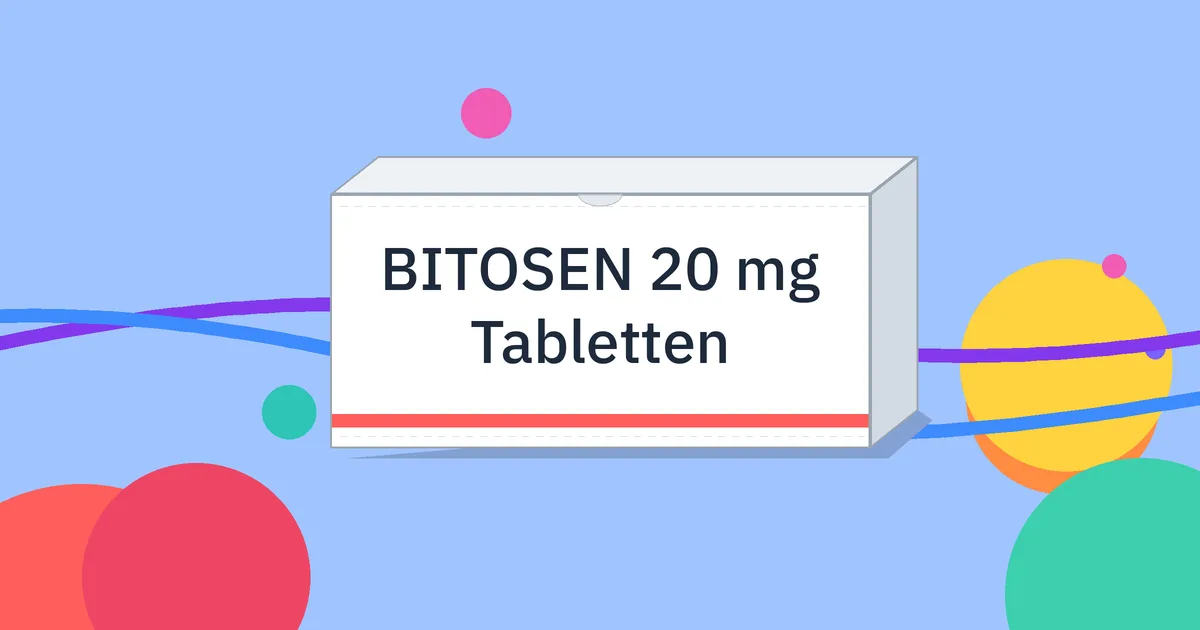 Symbolbild: Packung mit der Aufschrift BITOSEN 20 mg Tabletten (PZN 18890514) – Verfügbarkeit und Bezug in Apotheken in Frankfurt am Main
