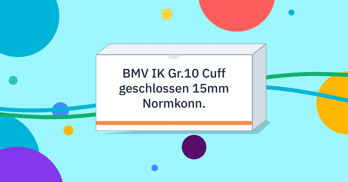 Symbolbild: Packung mit der Aufschrift BMV IK Gr.10 Cuff geschlossen 15mm Normkonn. (PZN 18381646) – Verfügbarkeit und Bezug in Apotheken in Frankfurt am Main