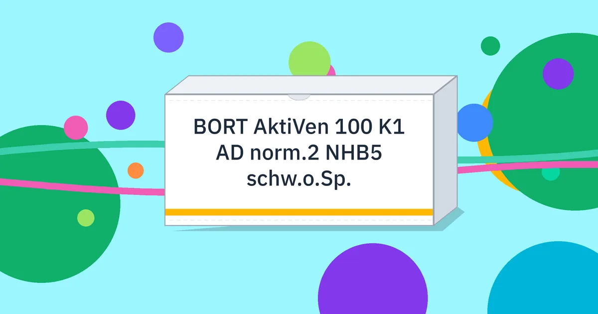 Symbolbild: Packung mit der Aufschrift BORT AktiVen 100 K1 AD norm.2 NHB5 schw.o.Sp. (PZN 17497192) – Verfügbarkeit und Bezug in Apotheken in Frankfurt am Main