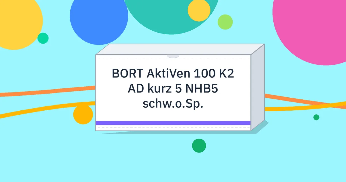 Symbolbild: Packung mit der Aufschrift BORT AktiVen 100 K2 AD kurz 5 NHB5 schw.o.Sp. (PZN 17496979) – Verfügbarkeit und Bezug in Apotheken in Frankfurt am Main