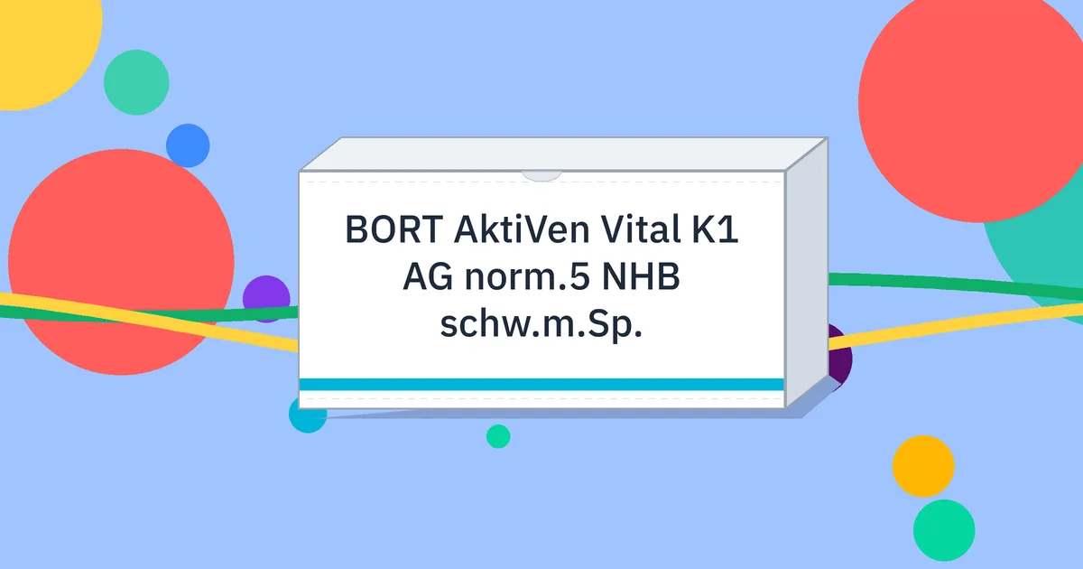 Symbolbild: Packung mit der Aufschrift BORT AktiVen Vital K1 AG norm.5 NHB schw.m.Sp. (PZN 13735884) – Verfügbarkeit und Bezug in Apotheken in Frankfurt am Main