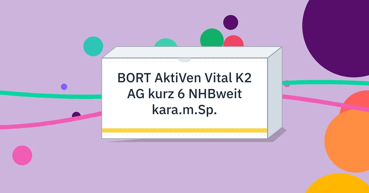 Symbolbild: Packung mit der Aufschrift BORT AktiVen Vital K2 AG kurz 6 NHBweit kara.m.Sp. (PZN 12384595) – Verfügbarkeit und Bezug in Apotheken in Frankfurt am Main
