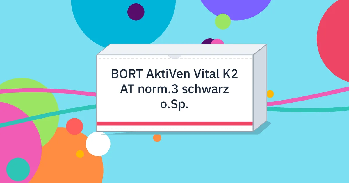 Symbolbild: Packung mit der Aufschrift BORT AktiVen Vital K2 AT norm.3 schwarz o.Sp. (PZN 13740342) – Verfügbarkeit und Bezug in Apotheken in Frankfurt am Main