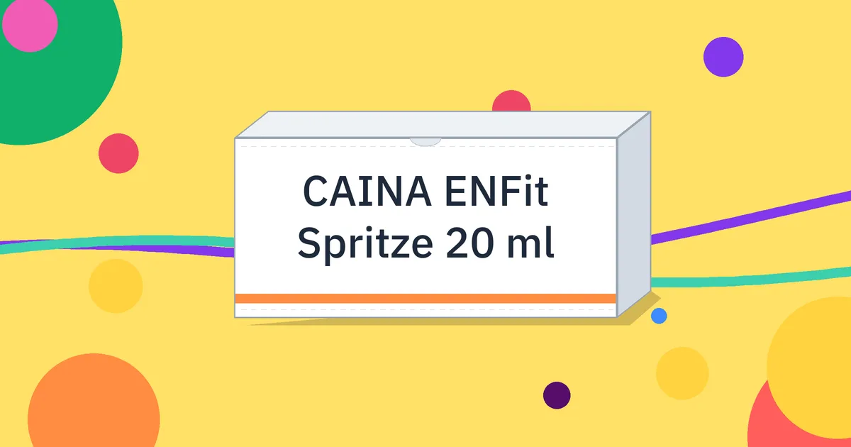 Symbolbild: Packung mit der Aufschrift CAINA ENFit Spritze 20 ml (PZN 18709489) – Verfügbarkeit und Bezug in Apotheken in Frankfurt am Main