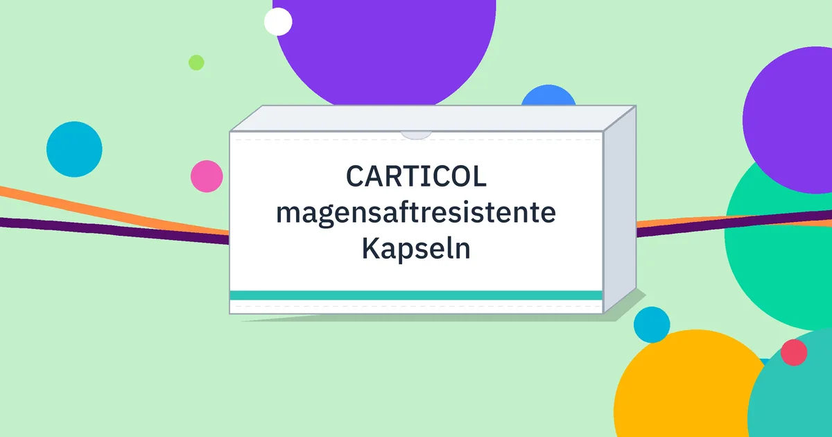 Symbolbild: Packung mit der Aufschrift CARTICOL magensaftresistente Kapseln (PZN 16801699) – Verfügbarkeit und Bezug in Apotheken in Frankfurt am Main
