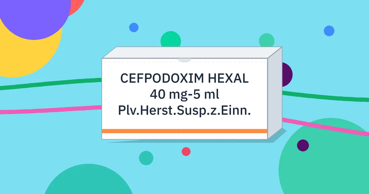 Symbolbild: Packung mit der Aufschrift CEFPODOXIM HEXAL 40 mg-5 ml Plv.Herst.Susp.z.Einn. (PZN 00829431) – Verfügbarkeit und Bezug in Apotheken in Frankfurt am Main
