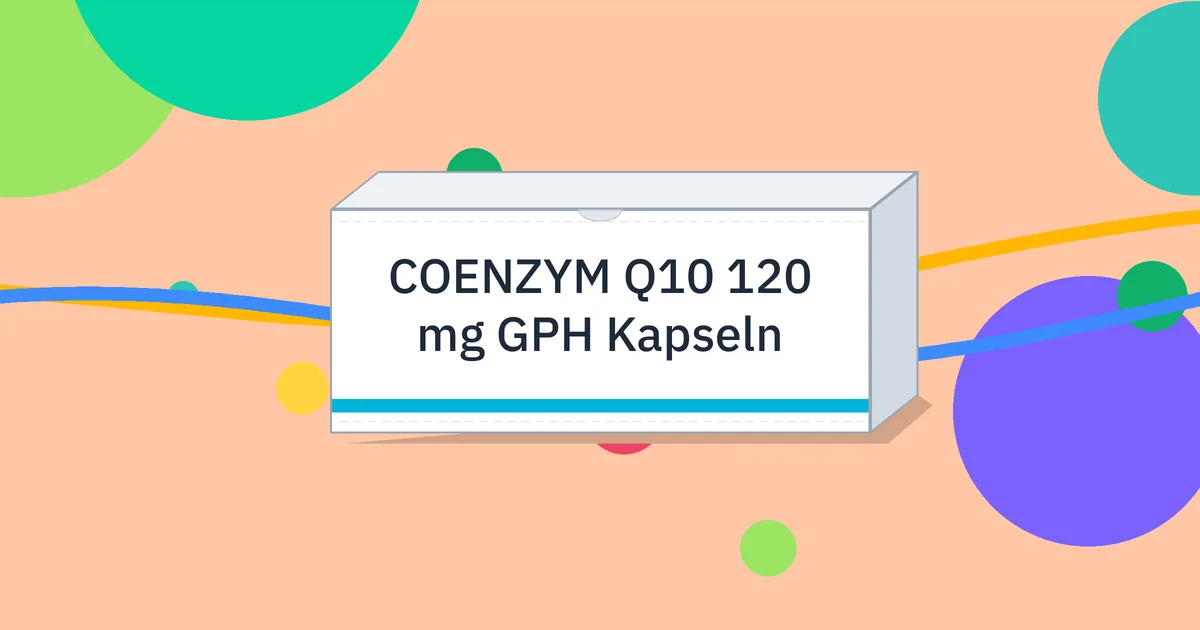 Symbolbild: Packung mit der Aufschrift COENZYM Q10 120 mg GPH Kapseln (PZN 06832782) – Verfügbarkeit und Bezug in Apotheken in Frankfurt am Main