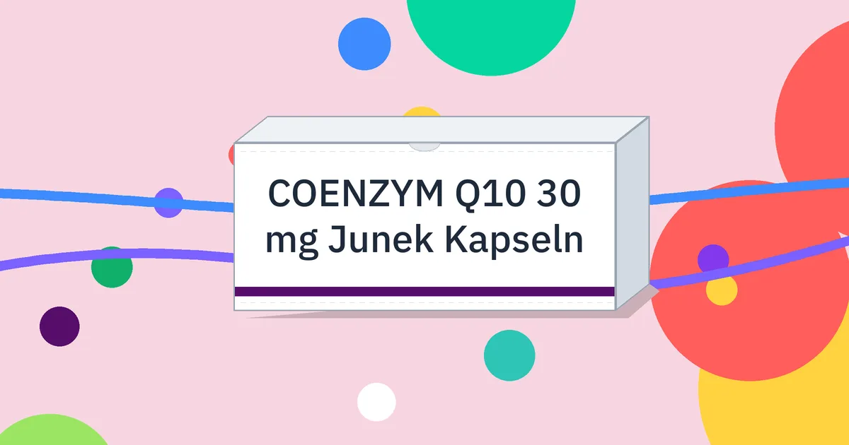 Symbolbild: Packung mit der Aufschrift COENZYM Q10 30 mg Junek Kapseln (PZN 09719827) – Verfügbarkeit und Bezug in Apotheken in Frankfurt am Main