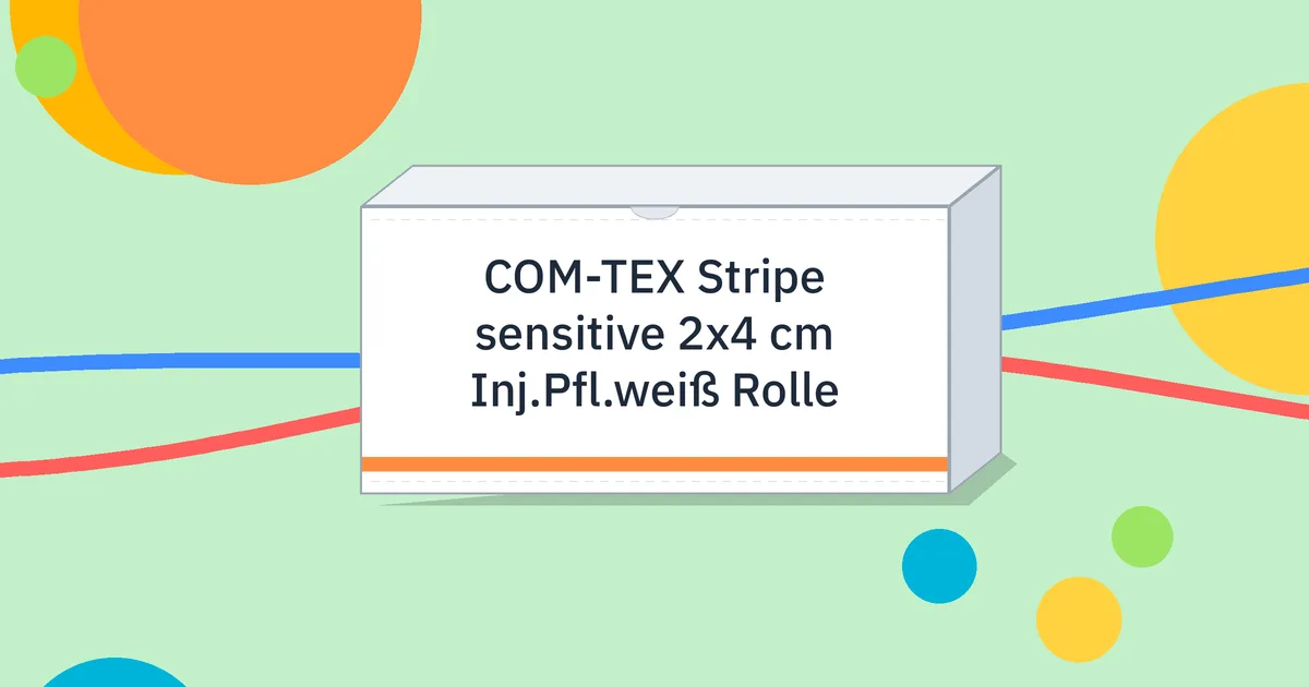 Symbolbild: Packung mit der Aufschrift COM-TEX Stripe sensitive 2x4 cm Inj.Pfl.weiß Rolle (PZN 14046572) – Verfügbarkeit und Bezug in Apotheken in Frankfurt am Main