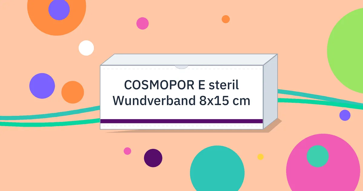 Symbolbild: Packung mit der Aufschrift COSMOPOR E steril Wundverband 8x15 cm (PZN 20544831) – Verfügbarkeit und Bezug in Apotheken in Frankfurt am Main
