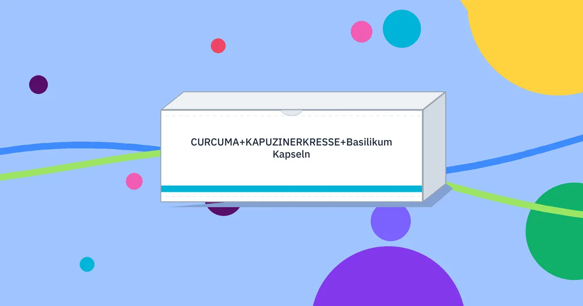 Symbolbild: Packung mit der Aufschrift CURCUMA+KAPUZINERKRESSE+Basilikum Kapseln (PZN 11186858) – Verfügbarkeit und Bezug in Apotheken in Frankfurt am Main