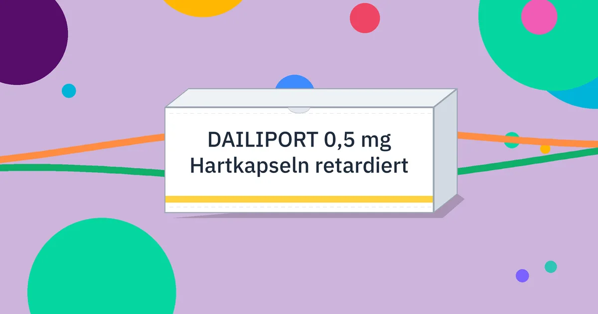 Symbolbild: Packung mit der Aufschrift DAILIPORT 0,5 mg Hartkapseln retardiert (PZN 16228811) – Verfügbarkeit und Bezug in Apotheken in Frankfurt am Main