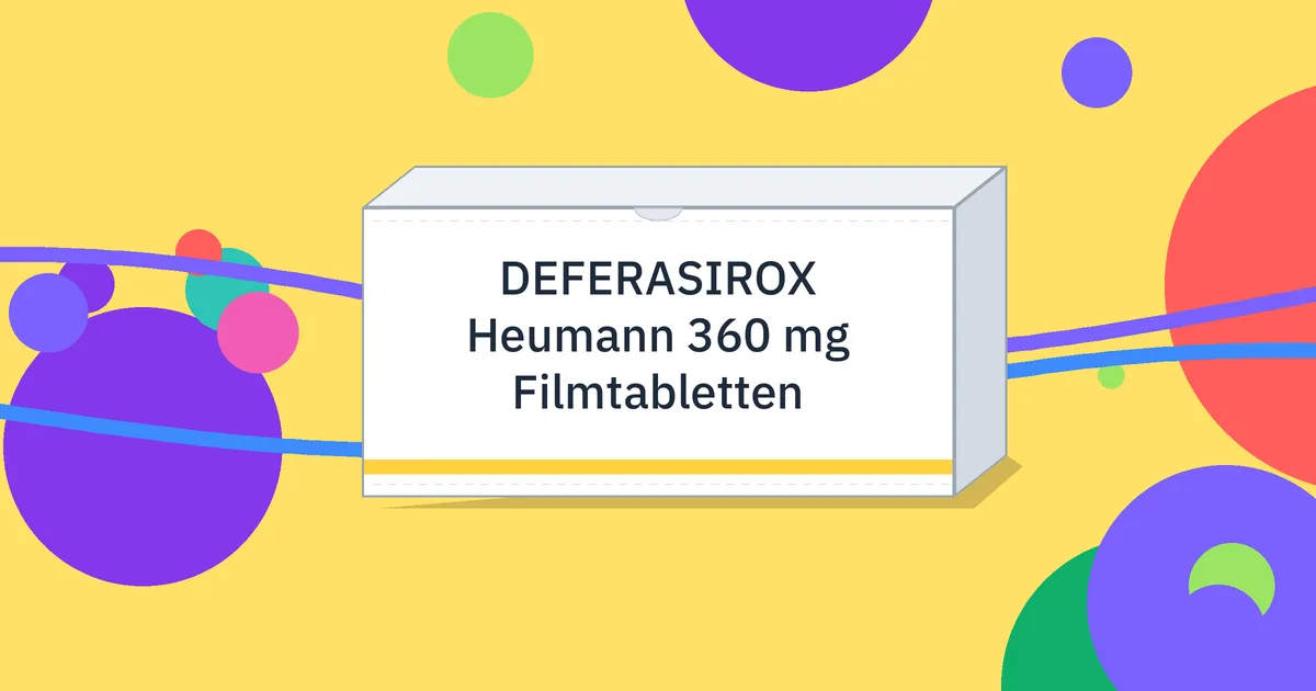 Symbolbild: Packung mit der Aufschrift DEFERASIROX Heumann 360 mg Filmtabletten (PZN 16358152) – Verfügbarkeit und Bezug in Apotheken in Frankfurt am Main