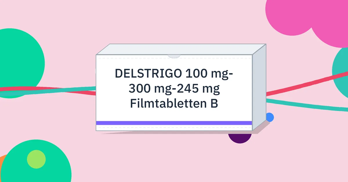 Symbolbild: Packung mit der Aufschrift DELSTRIGO 100 mg-300 mg-245 mg Filmtabletten B (PZN 17839965) – Verfügbarkeit und Bezug in Apotheken in Frankfurt am Main