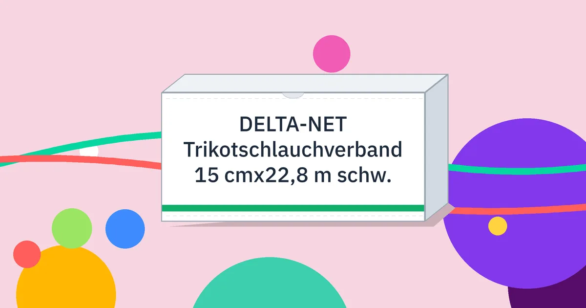 Symbolbild: Packung mit der Aufschrift DELTA-NET Trikotschlauchverband 15 cmx22,8 m schw. (PZN 16127458) – Verfügbarkeit und Bezug in Apotheken in Frankfurt am Main