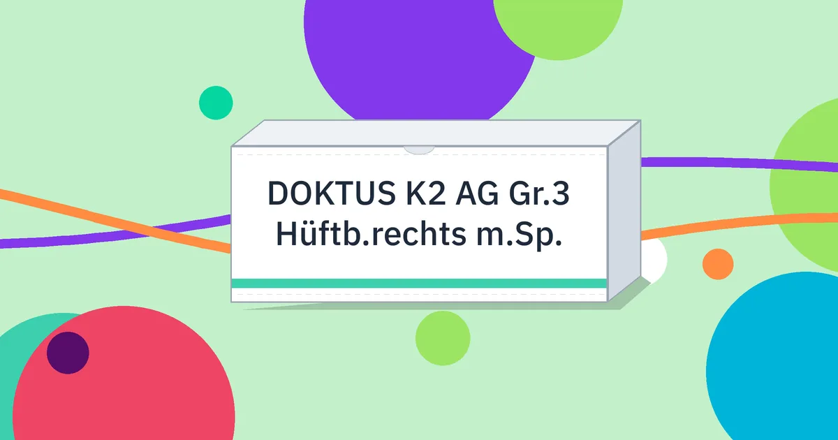 Symbolbild: Packung mit der Aufschrift DOKTUS K2 AG Gr.3 Hüftb.rechts m.Sp. (PZN 03310787) – Verfügbarkeit und Bezug in Apotheken in Frankfurt am Main