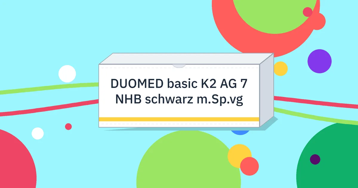 Symbolbild: Packung mit der Aufschrift DUOMED basic K2 AG 7 NHB schwarz m.Sp.vg (PZN 20908954) – Verfügbarkeit und Bezug in Apotheken in Frankfurt am Main