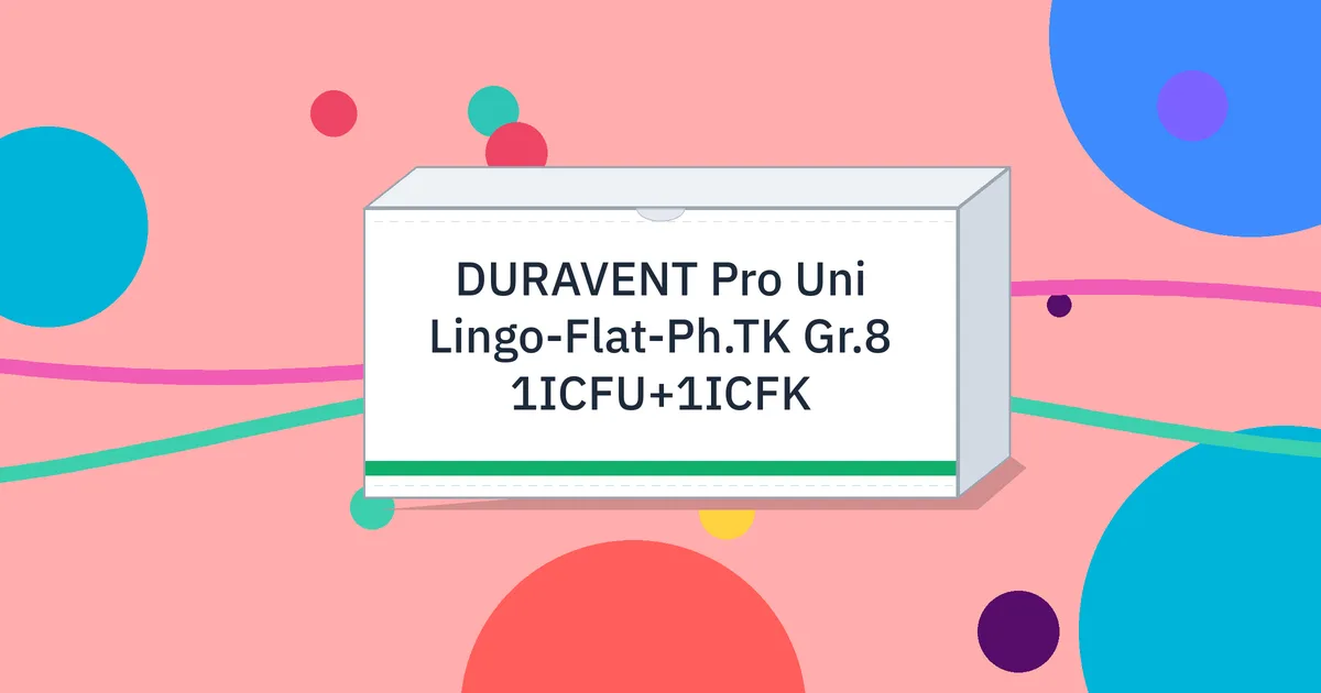 Symbolbild: Packung mit der Aufschrift DURAVENT Pro Uni Lingo-Flat-Ph.TK Gr.8 1ICFU+1ICFK (PZN 19273002) – Verfügbarkeit und Bezug in Apotheken in Frankfurt am Main