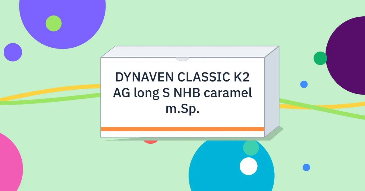 Symbolbild: Packung mit der Aufschrift DYNAVEN CLASSIC K2 AG long S NHB caramel m.Sp. (PZN 18418711) – Verfügbarkeit und Bezug in Apotheken in Frankfurt am Main