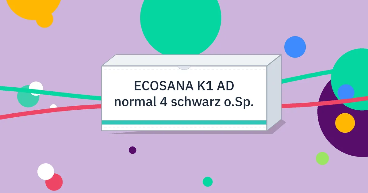 Symbolbild: Packung mit der Aufschrift ECOSANA K1 AD normal 4 schwarz o.Sp. (PZN 04724781) – Verfügbarkeit und Bezug in Apotheken in Frankfurt am Main