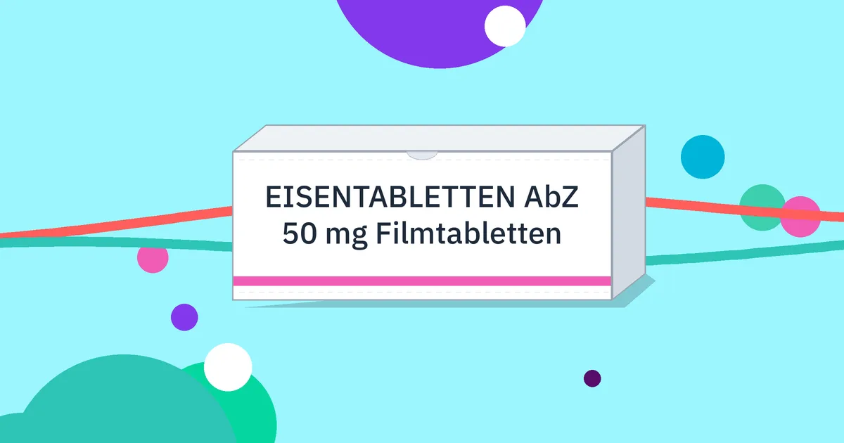 Symbolbild: Packung mit der Aufschrift EISENTABLETTEN AbZ 50 mg Filmtabletten (PZN 06683738) – Verfügbarkeit und Bezug in Apotheken in Frankfurt am Main