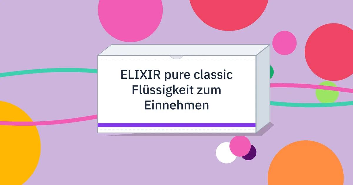 Symbolbild: Packung mit der Aufschrift ELIXIR pure classic Flüssigkeit zum Einnehmen (PZN 13978687) – Verfügbarkeit und Bezug in Apotheken in Frankfurt am Main