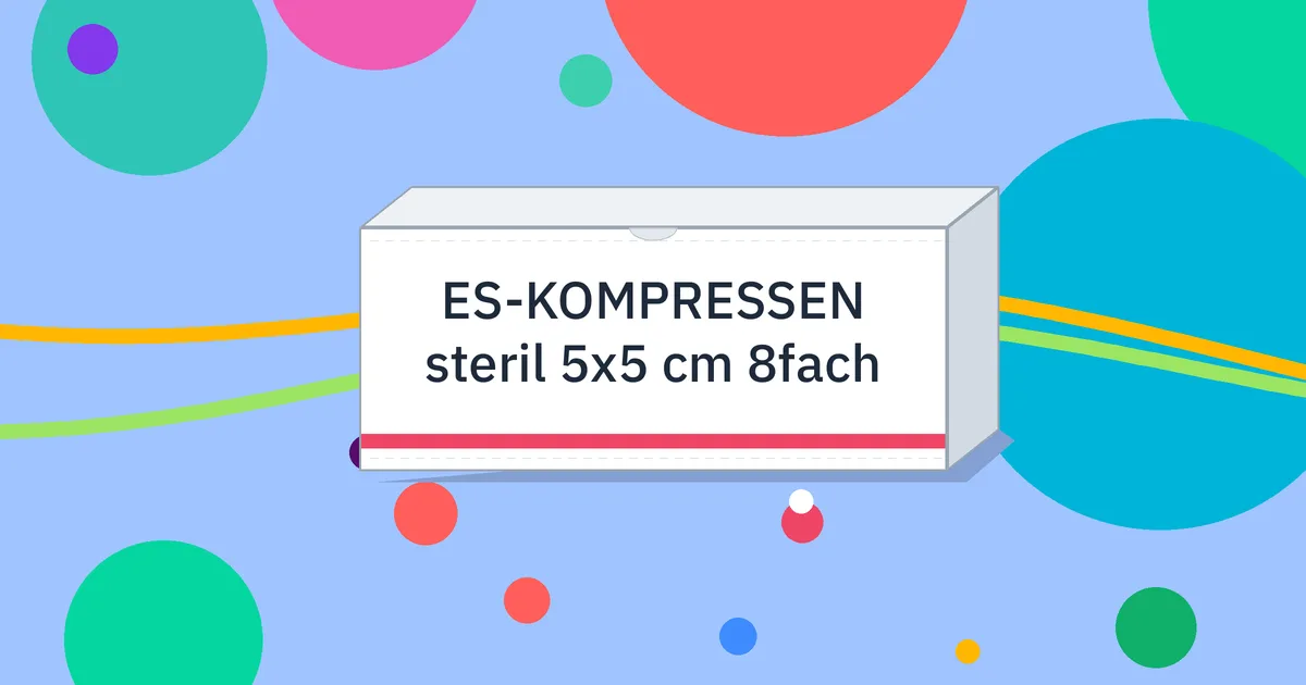 Symbolbild: Packung mit der Aufschrift ES-KOMPRESSEN steril 5x5 cm 8fach (PZN 18715691) – Verfügbarkeit und Bezug in Apotheken in Frankfurt am Main