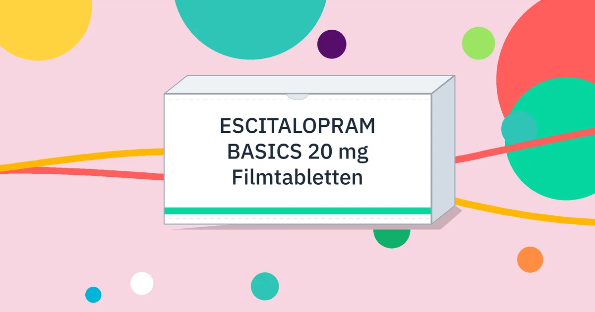 Symbolbild: Packung mit der Aufschrift ESCITALOPRAM BASICS 20 mg Filmtabletten (PZN 10206599) – Verfügbarkeit und Bezug in Apotheken in Frankfurt am Main