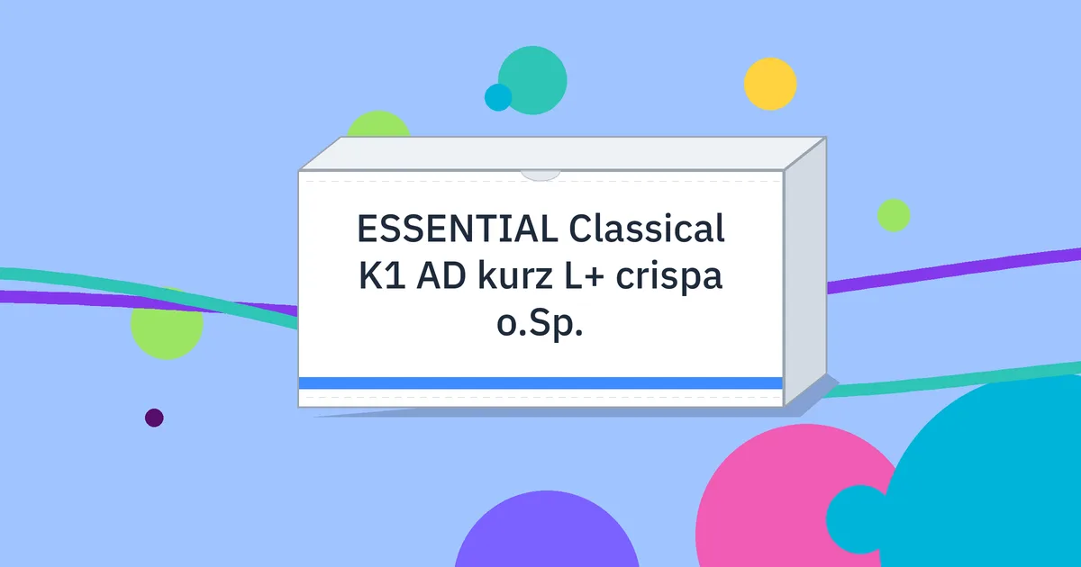 Symbolbild: Packung mit der Aufschrift ESSENTIAL Classical K1 AD kurz L+ crispa o.Sp. (PZN 17000961) – Verfügbarkeit und Bezug in Apotheken in Frankfurt am Main